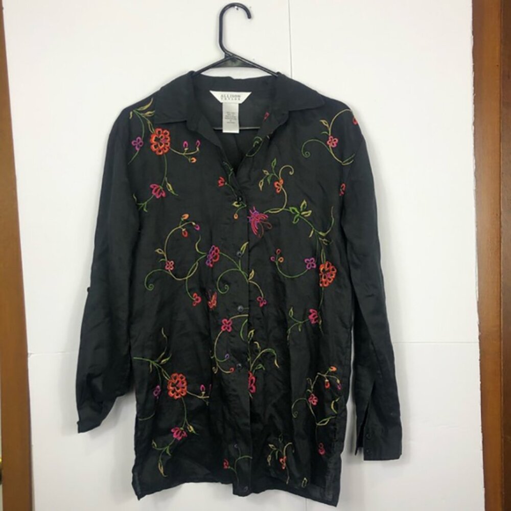 Allison Taylor Linen Embroidered Button Down Sz 8 - Gem